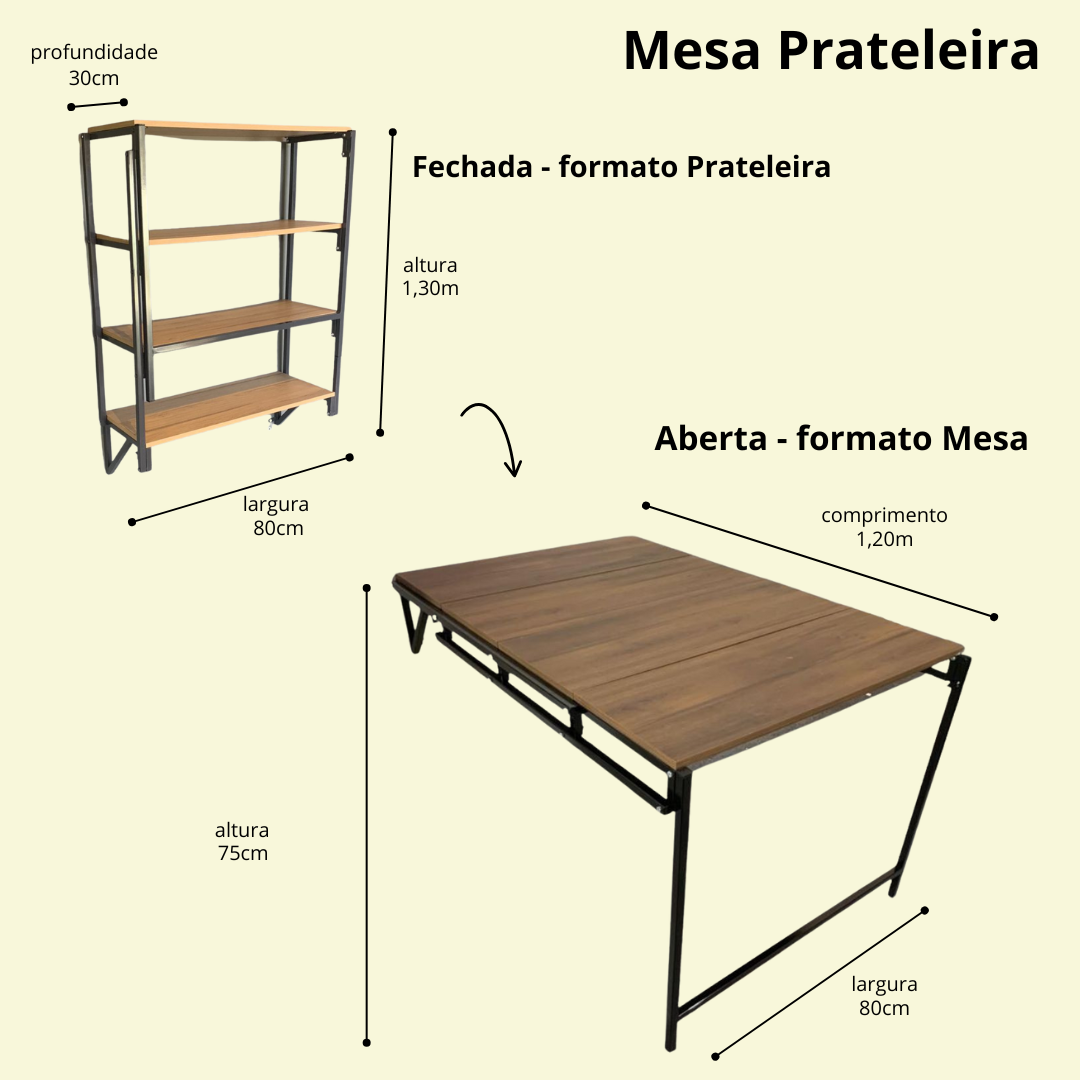 Mesa Prateleira Dobrável Preta | Prateleira vira Mesa Ideal p/ 4 | Meu ...