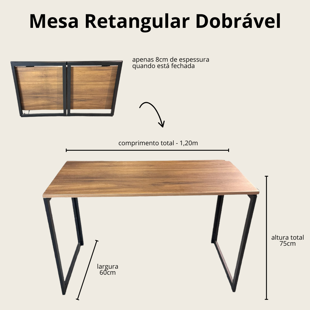 Mesa Retangular Dobrável 1.20m Amadeirado Claro | Dobra e Fica com 8cm ...
